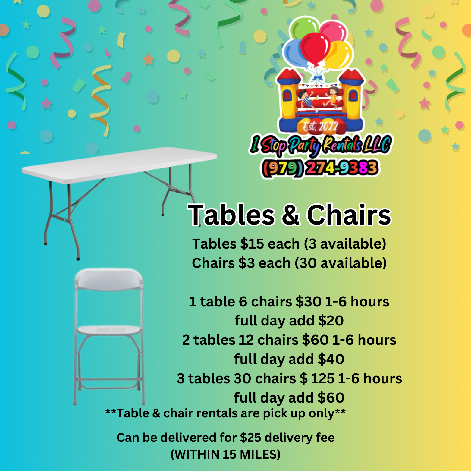 Tables & Chairs – 1 Stop Party Rentals LLC